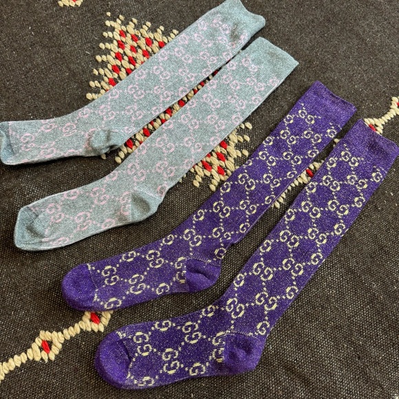 Gucci | Accessories | Gucci Gg Lam Tall Socks Bundle Purple Grey Pink Logo Metallic Os | Poshmark